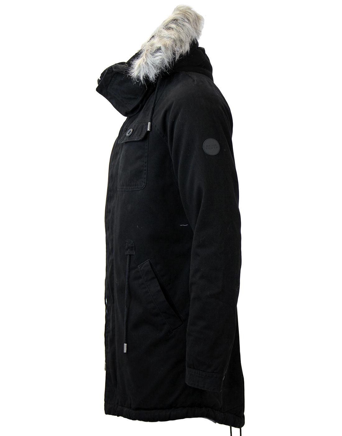 NATIVE YOUTH Retro 60s Mod Enzyme Wash Sherpa Lined Parka Black