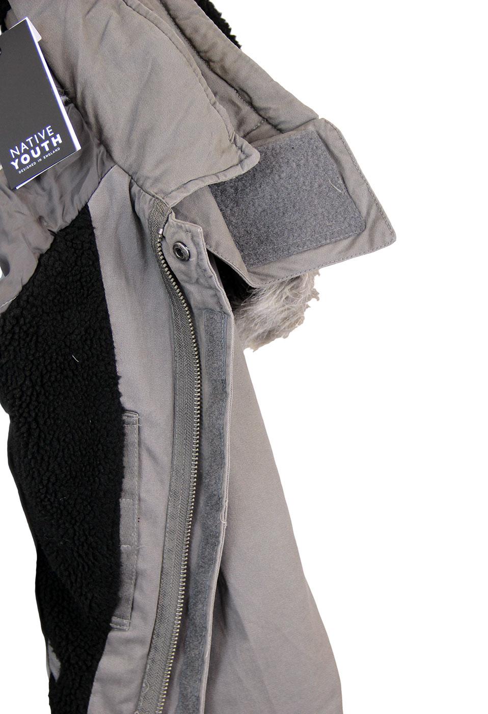 NATIVE YOUTH Retro 60s Mod Enzyme Wash Sherpa Lined Parka Grey