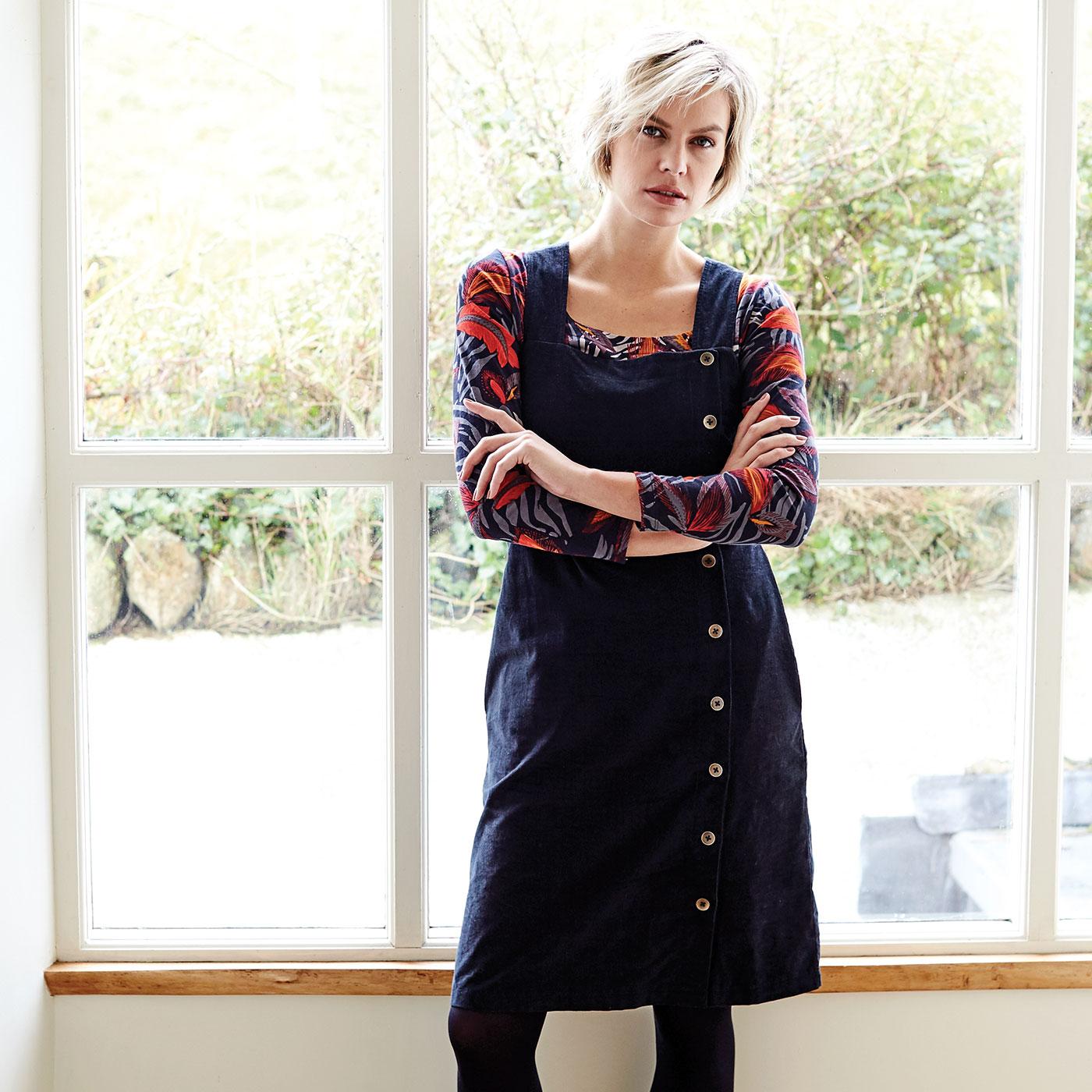 NOMADS Retro 70s Cord Button Pinafore Dress in Graphite