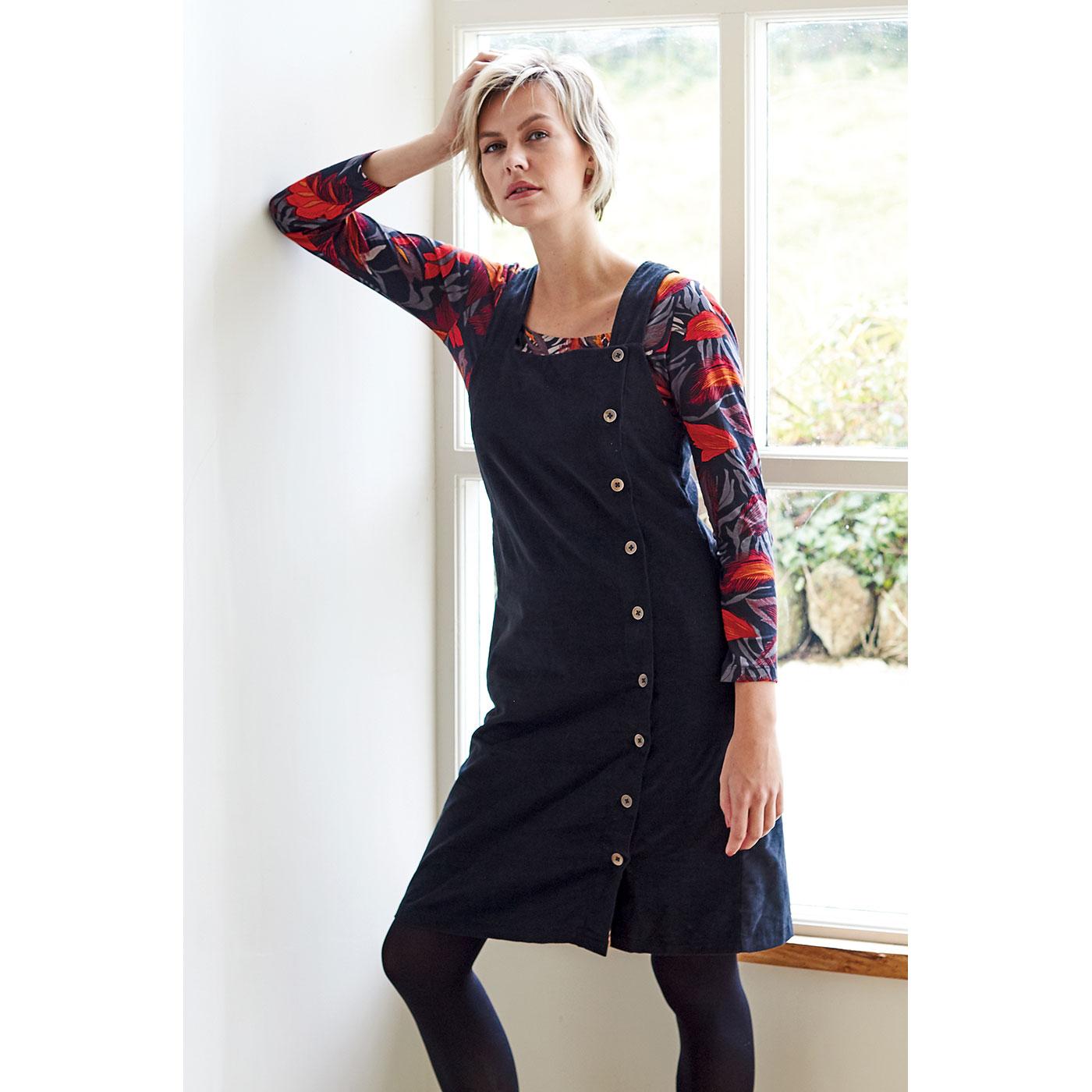NOMADS Retro 70s Cord Button Pinafore Dress in Graphite