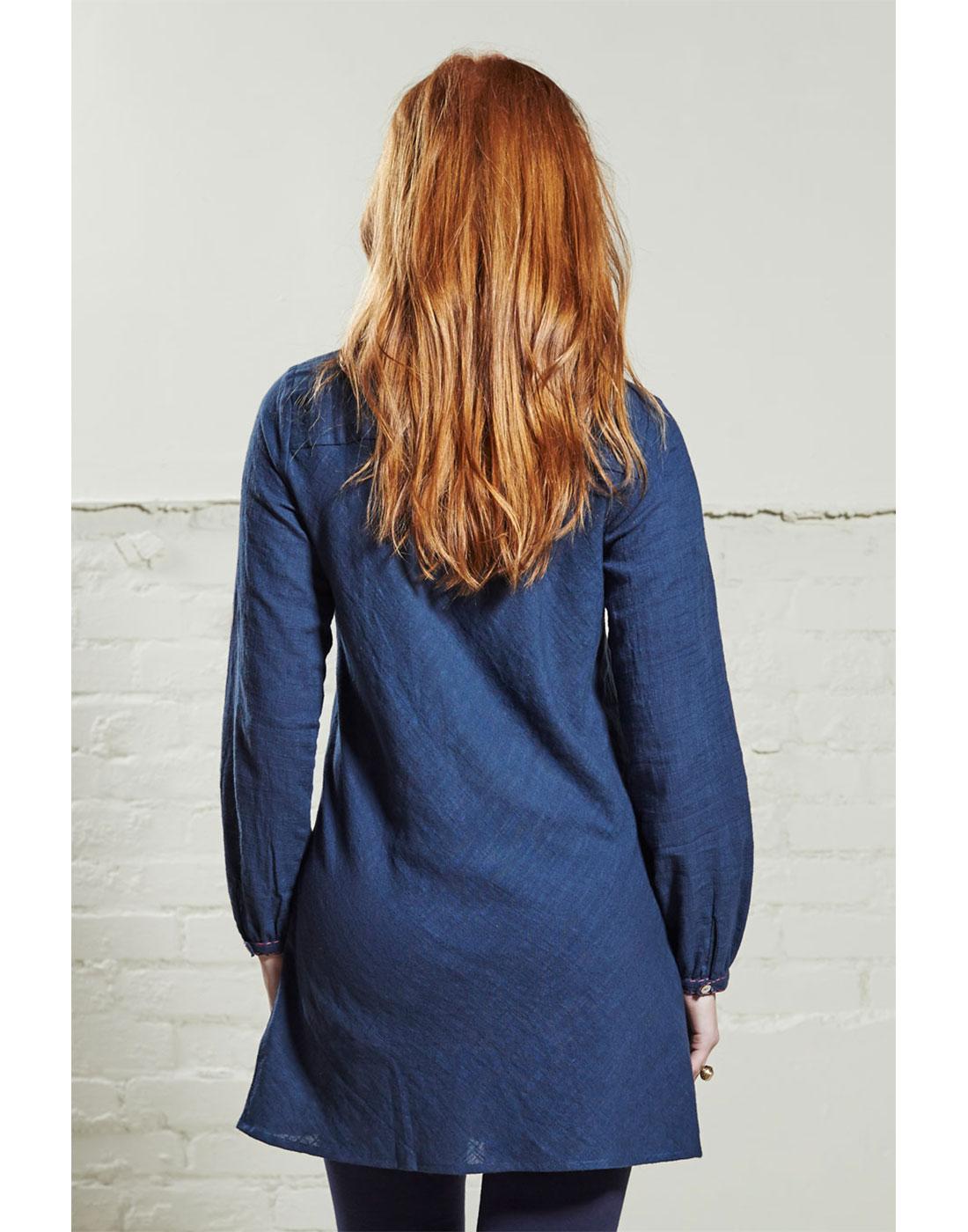 NOMADS Retro 70s Denim Style Pintuck Tunic Shirt in Blue