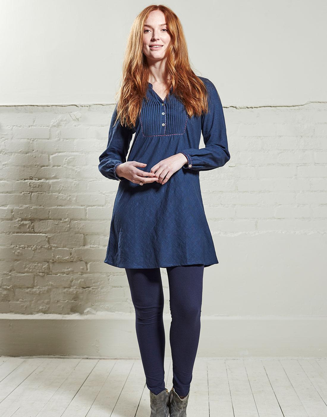 NOMADS Retro 70s Denim Style Pintuck Tunic Shirt in Blue