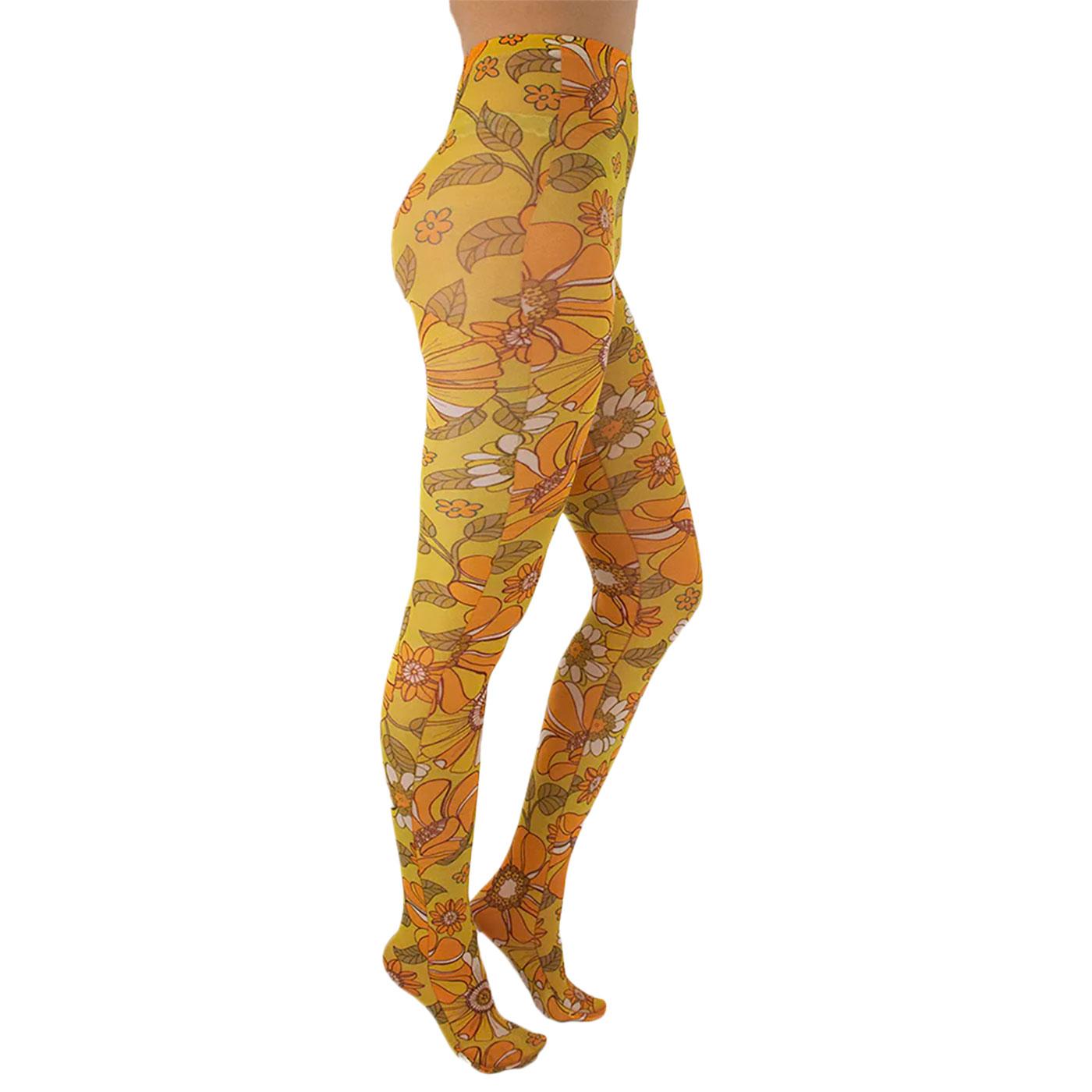 PAMELA MANN Retro 70s Throwback Floral Tights in Mustard