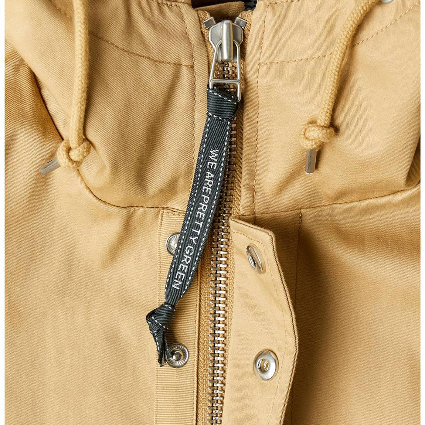 PRETTY GREEN Cotton Hooded Mod Parka Jacket in Sand