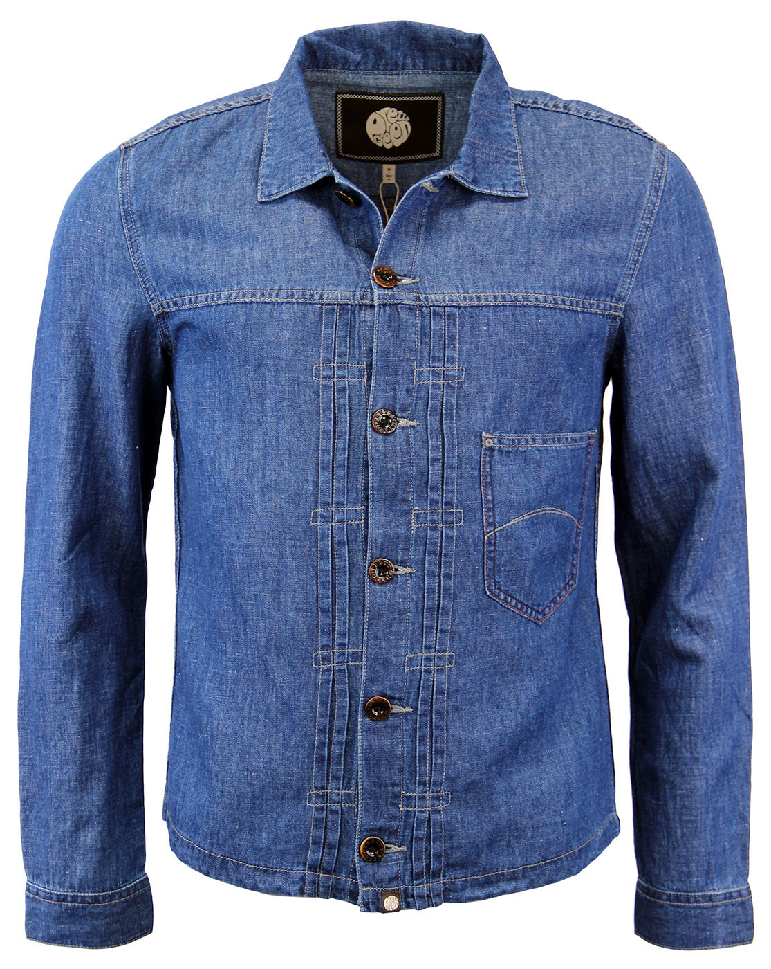 PRETTY GREEN Ancroft Retro 1970s Indie Pleated Denim Overshirt