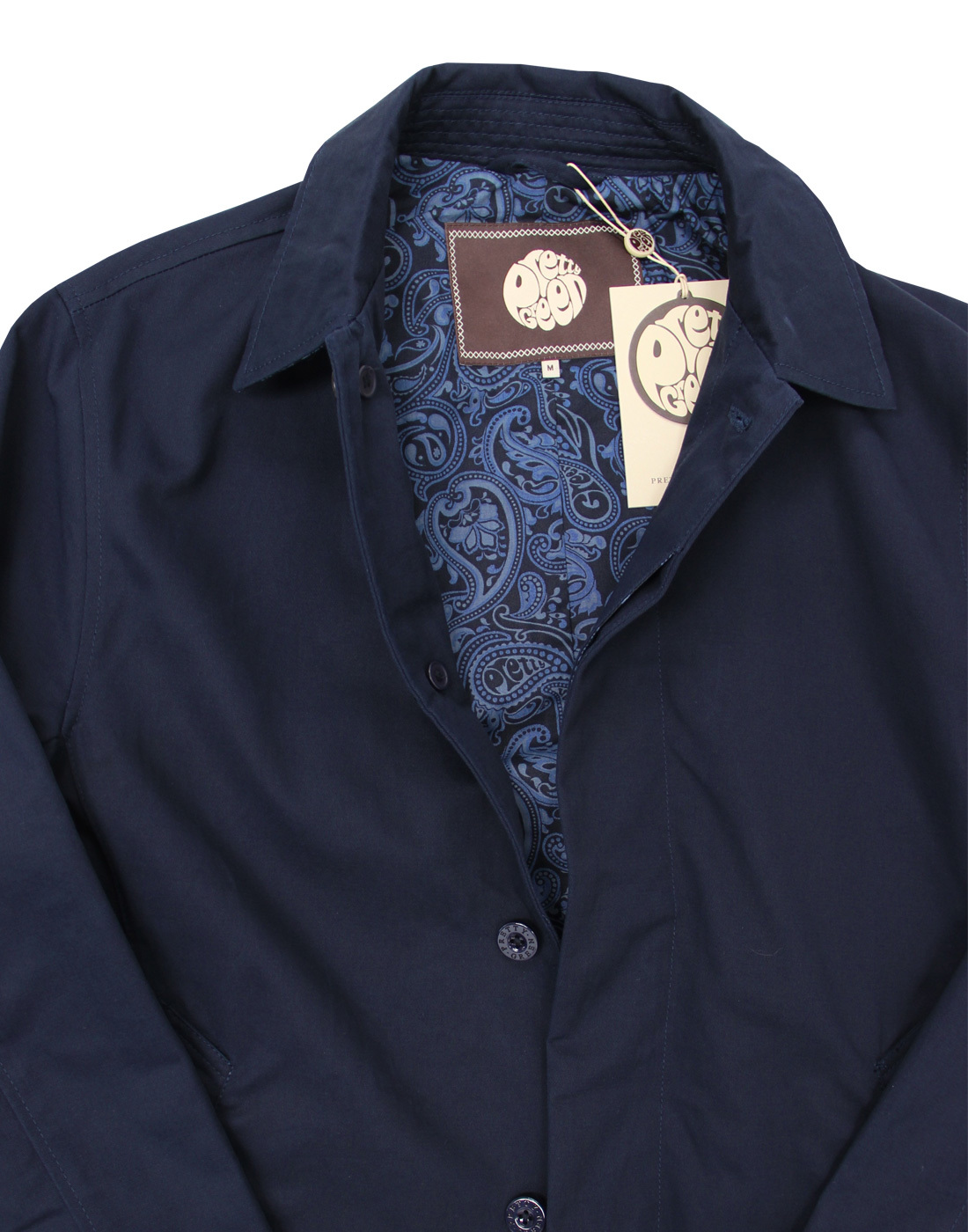 PRETTY GREEN Glendon Retro 60s Mod Button Up Mac Jacket in Navy