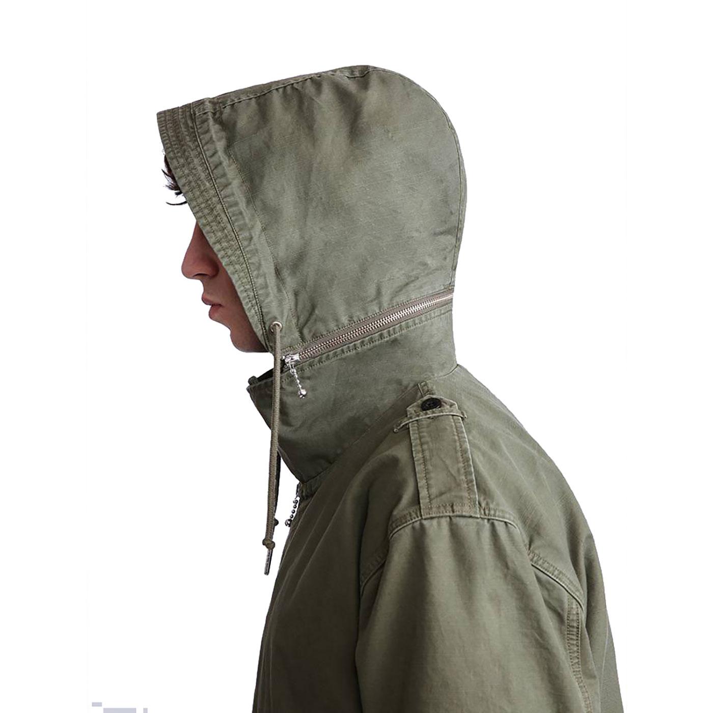 PRETTY GREEN 60's Mod Zip Through Parka Jacket in Khaki