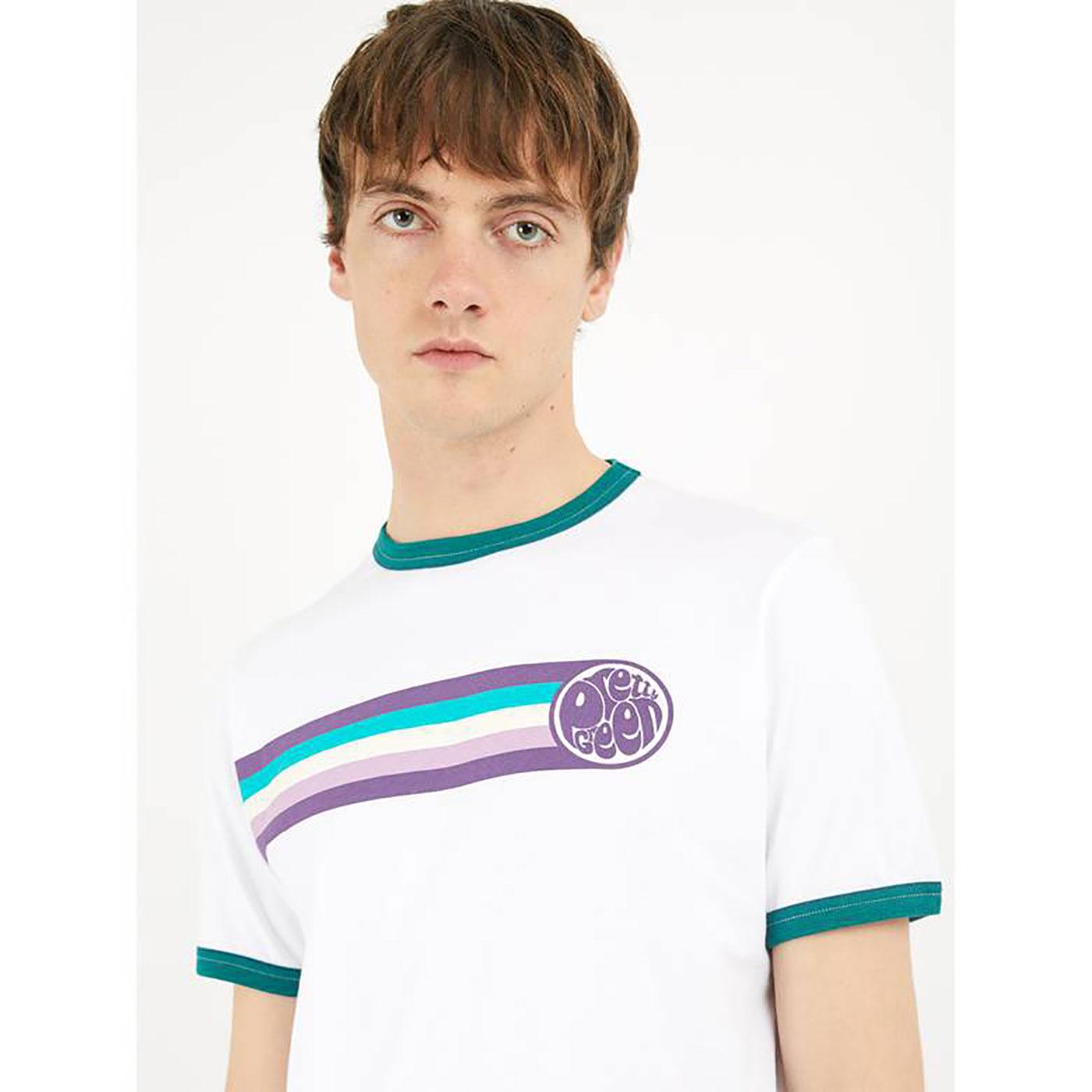 PRETTY GREEN Retro Bold Stripe Logo Ringer Tee in White