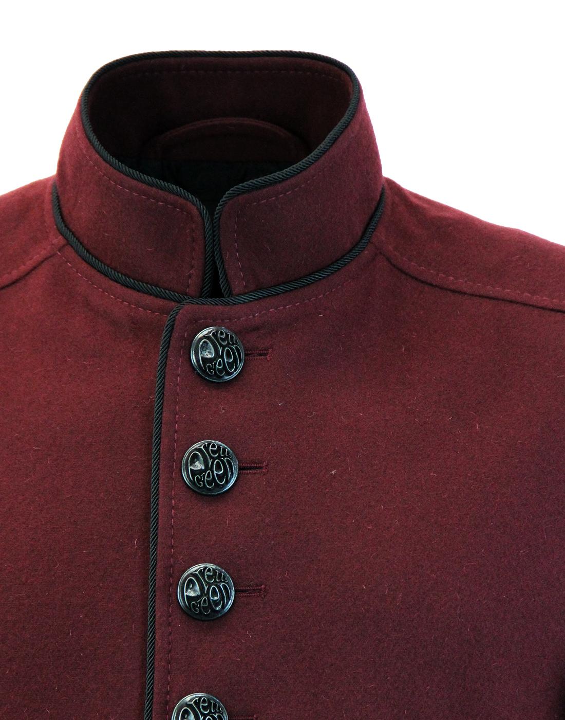 PRETTY GREEN Retro 1960s Mod Wool Military Tunic Jacket Burgundy