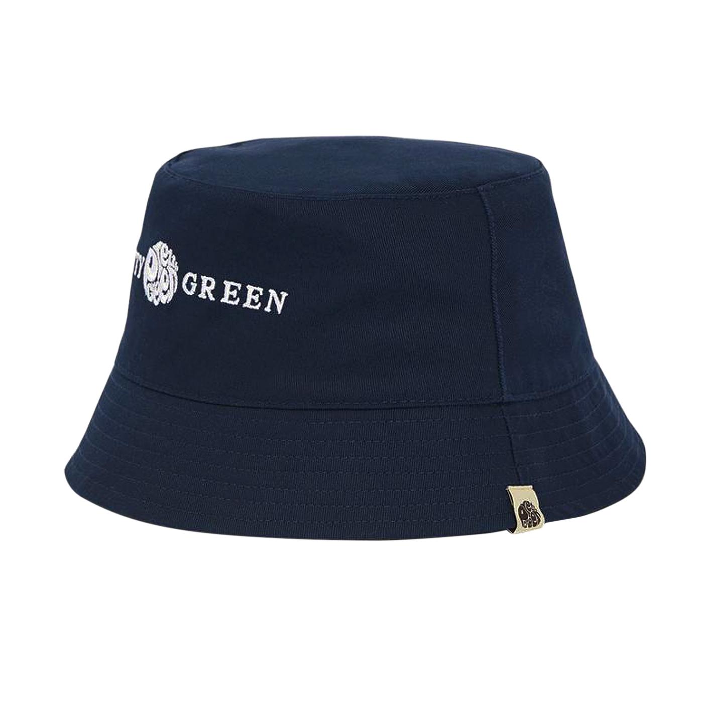 PRETTY GREEN Retro 90s Indie Logo Bucket Hat in Navy