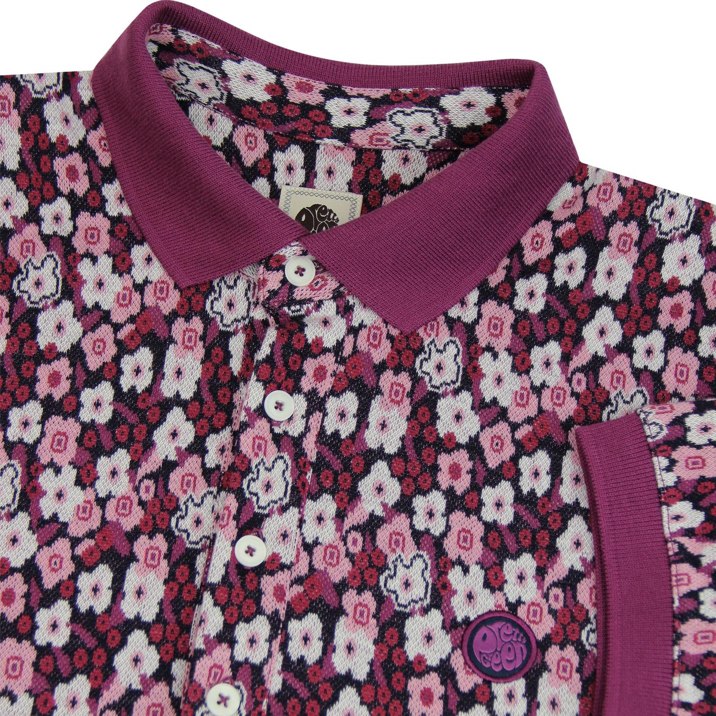 PRETTY GREEN Retro Jacquard Floral Polo Shirt in Burgundy
