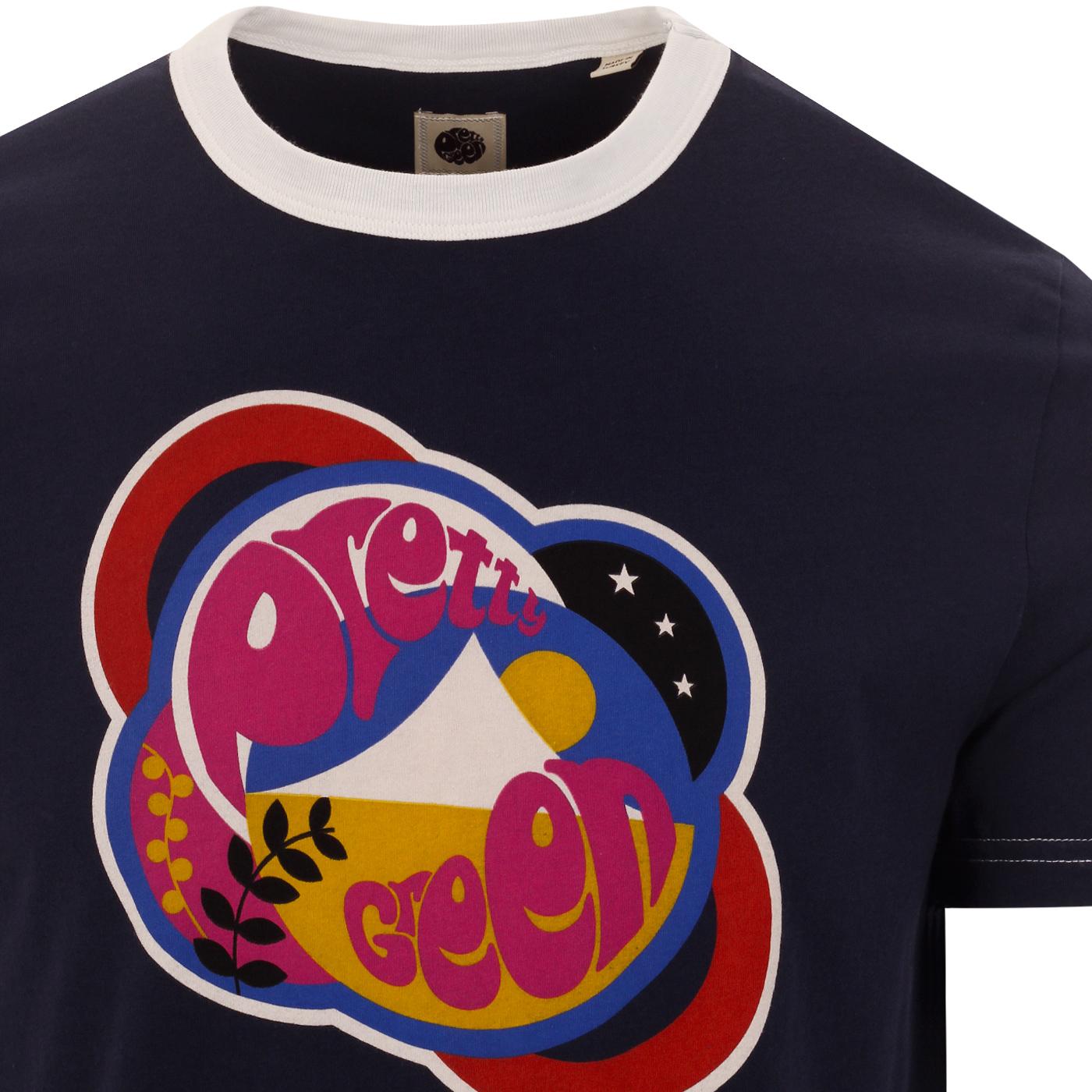 PRETTY GREEN Retro 60s Astral Pop Art Logo Tee in Navy