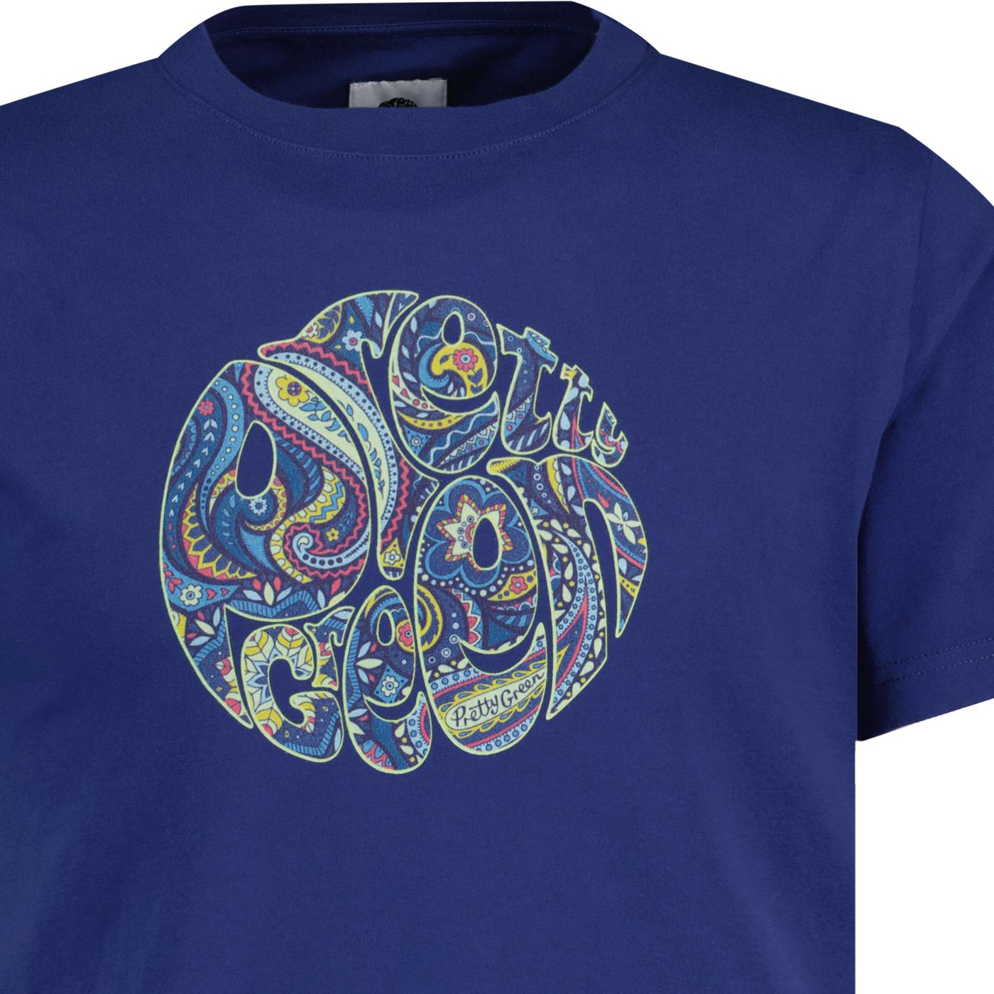 Pretty Green Marriot Retro Paisley Logo Crew Neck Tee in Blue