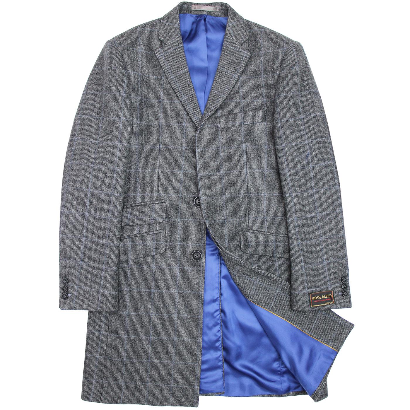 Men's Retro Mod Tweed Windowpane Check Dress Coat Grey