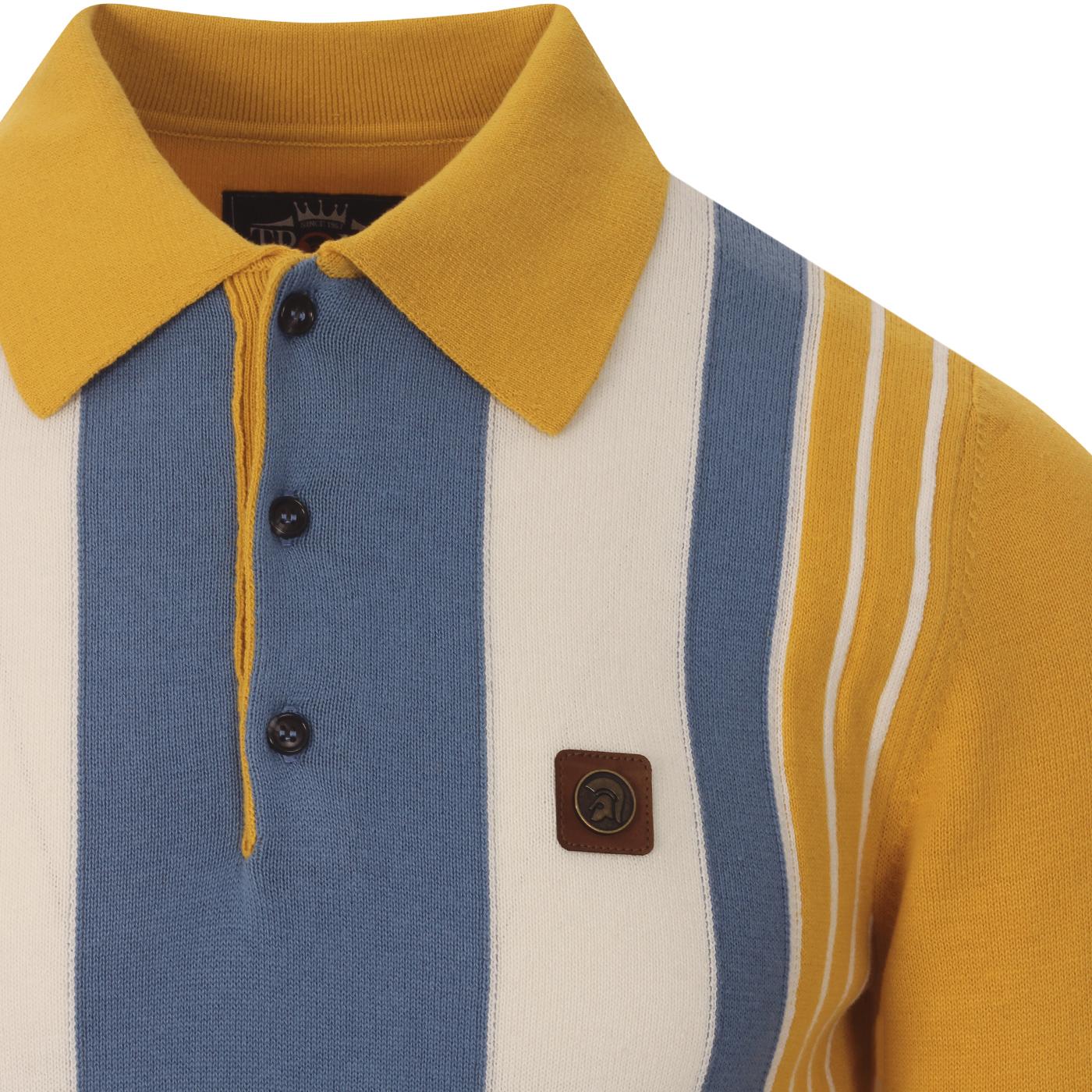 TROJAN RECORDS Retro Mod LS Knit Panel Polo in Mustard