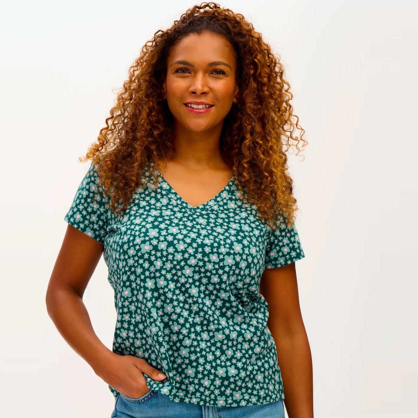 Sugarhill Brighton Eva Retro 1970s Floral Daisy Print V-Neck Tee