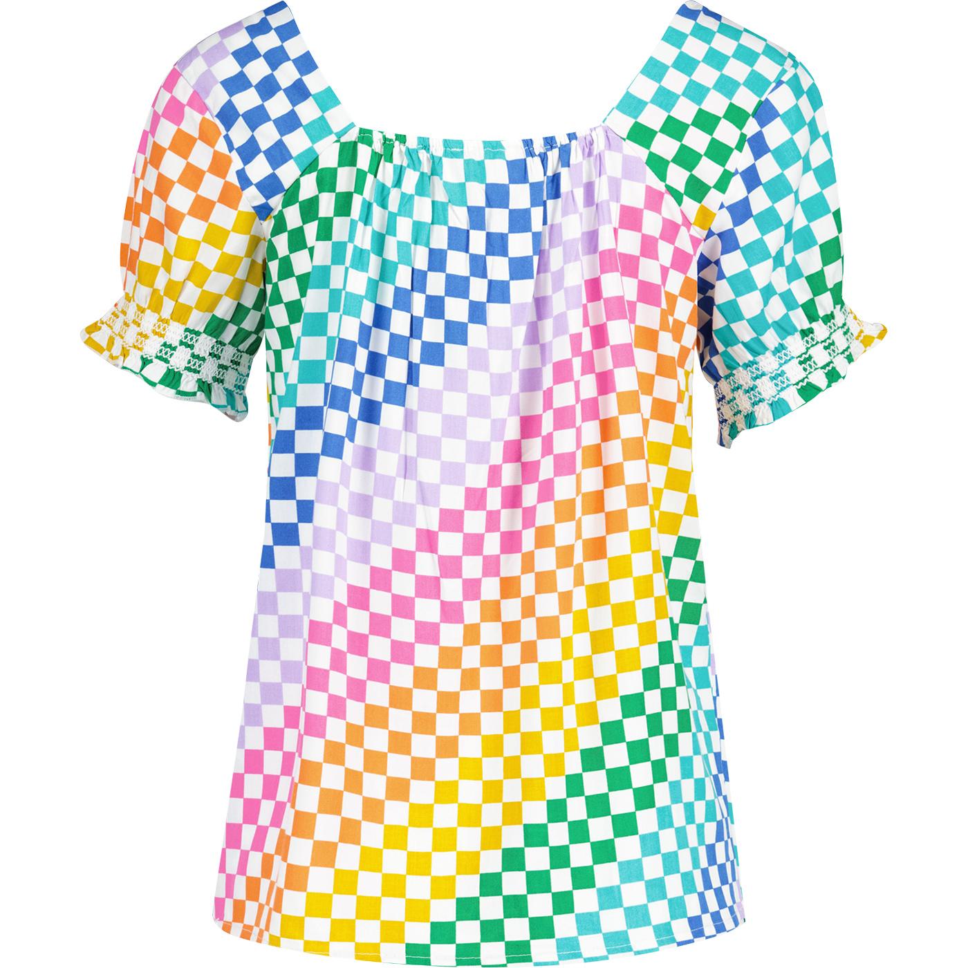 Sugarhill Brighton Alva Retro 1970s Rainbow Checkerboard Top