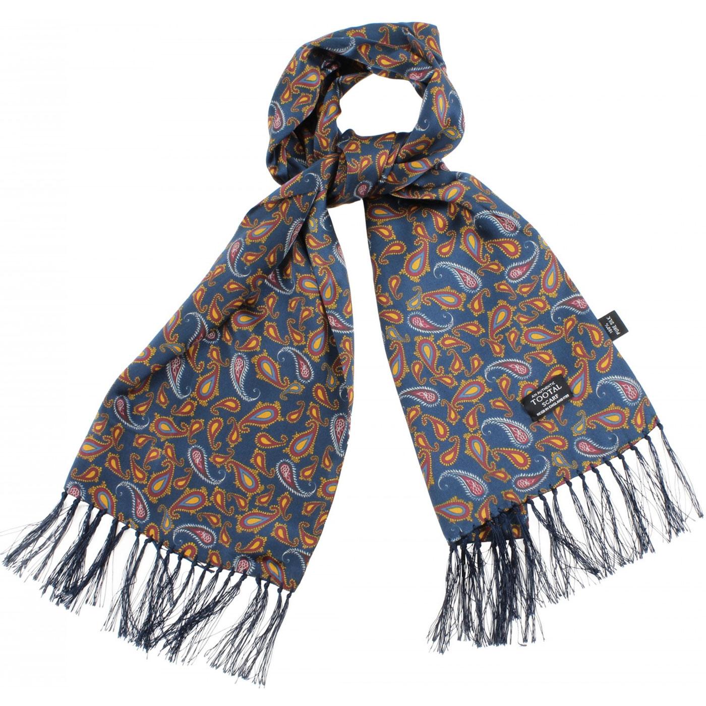 TOOTAL Retro 60s Mod Silk Paisley Scarf in Navy Blue