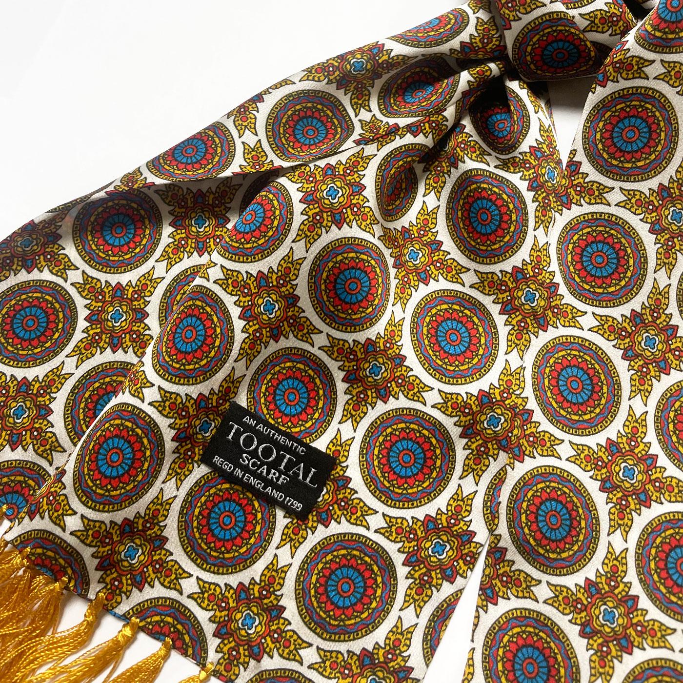 TOOTAL Retro Mod Wheel Design Fringed Silk Scarf in Golden