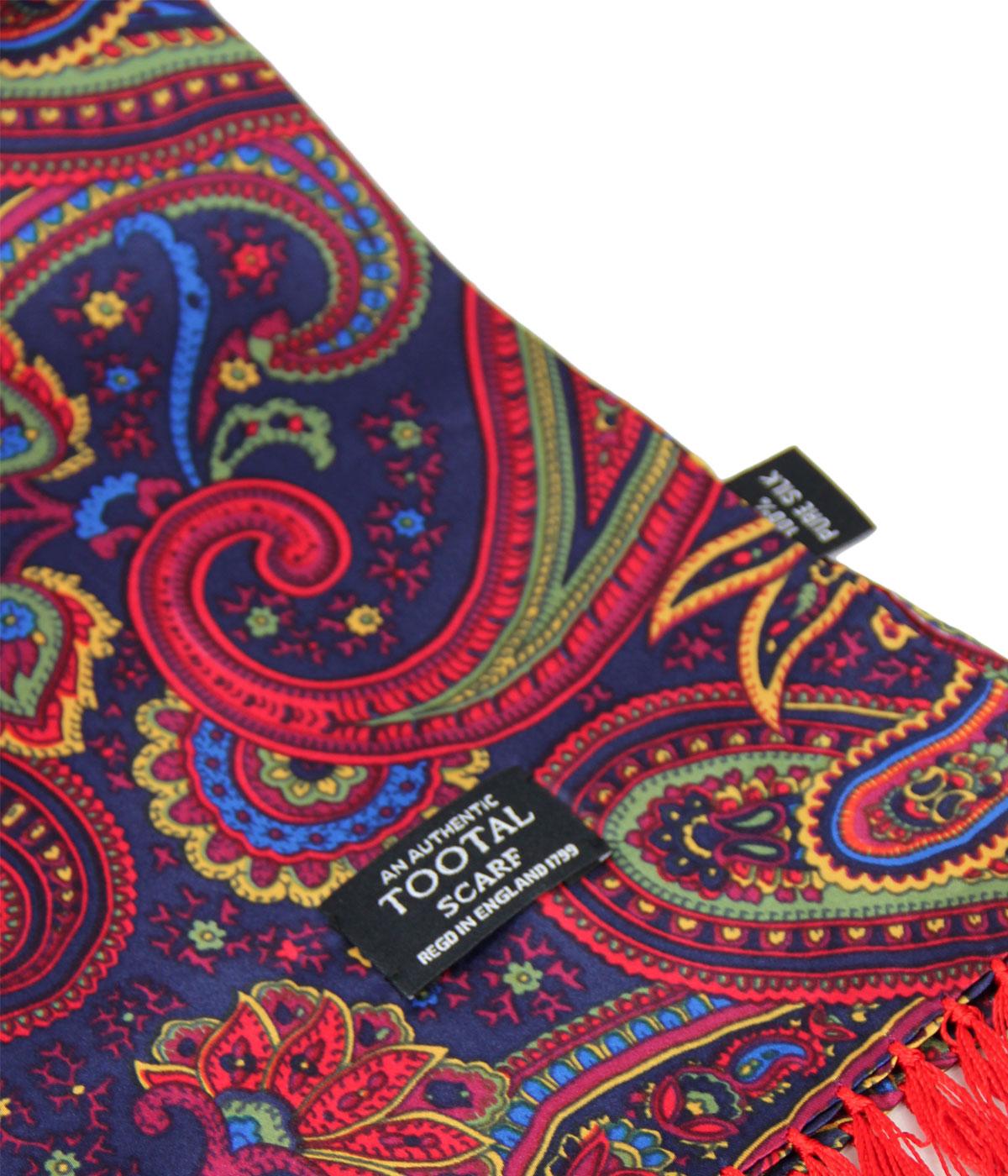TOOTAL Retro 1960s Mod Bright Paisley Fringed Silk Scarf in Navy