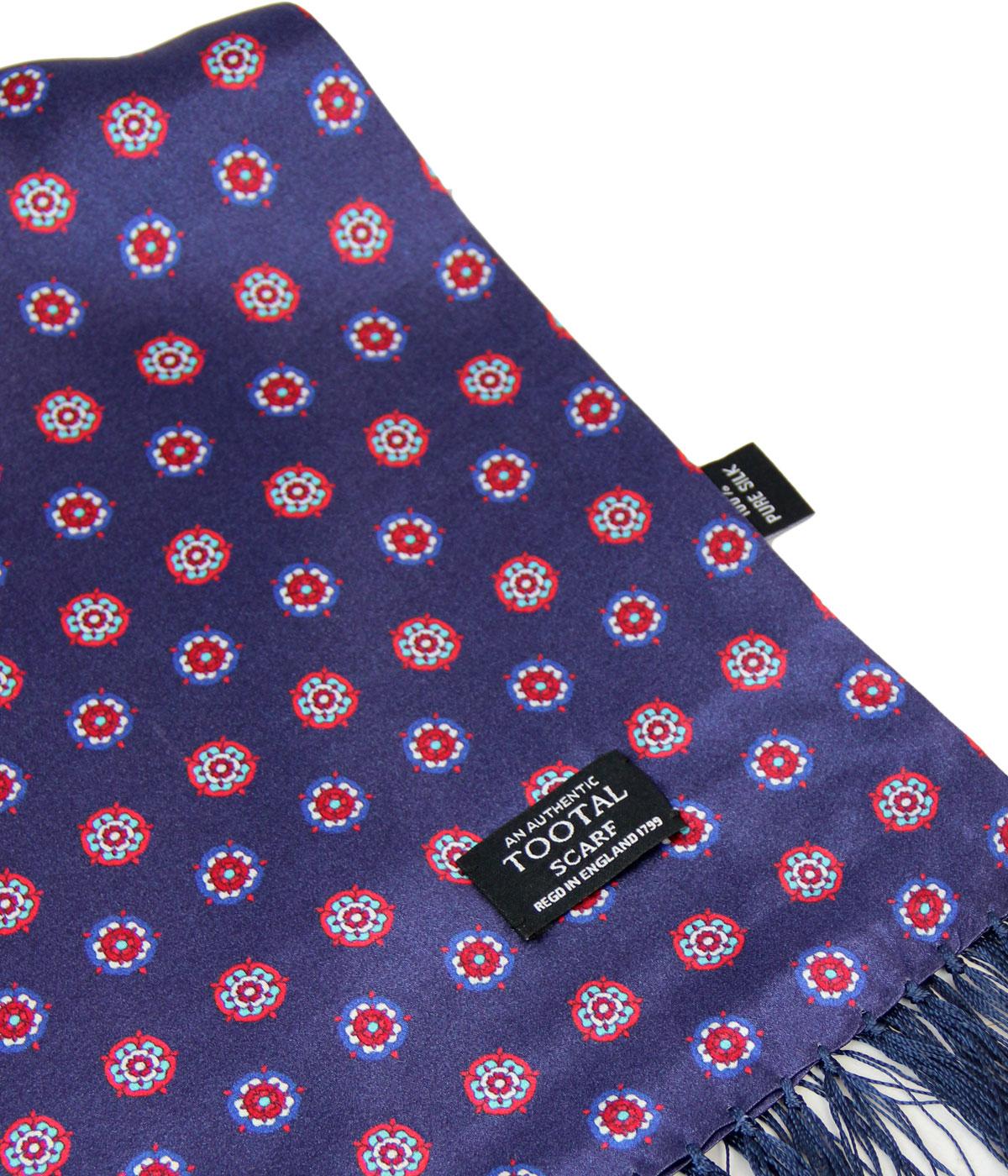 TOOTAL Retro 1960s Mod Roses Print Fringed Silk Scarf in Navy