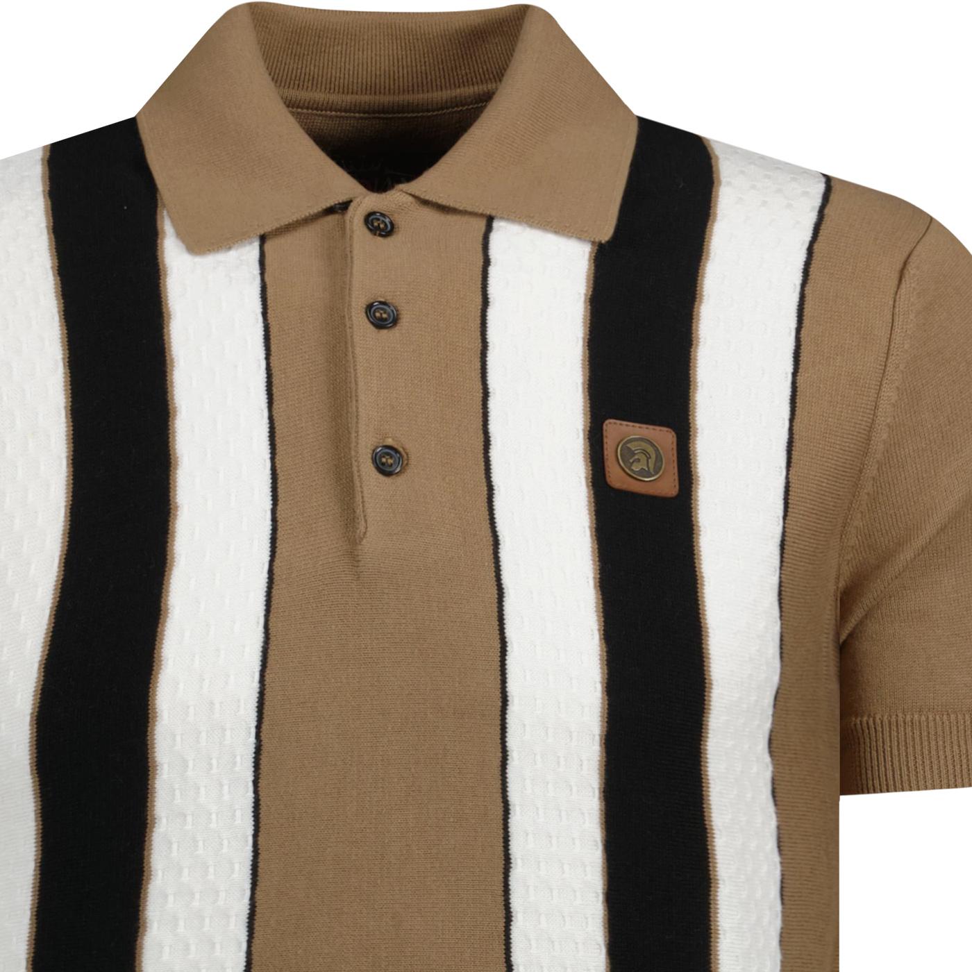 Trojan Retro Mod Dobby Knit Stripe Polo in Camel