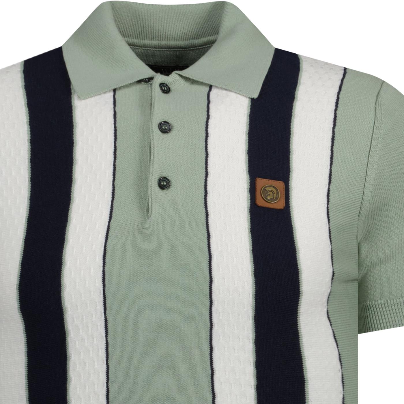 Trojan Retro Mod Dobby Knit Stripe Polo in Sage