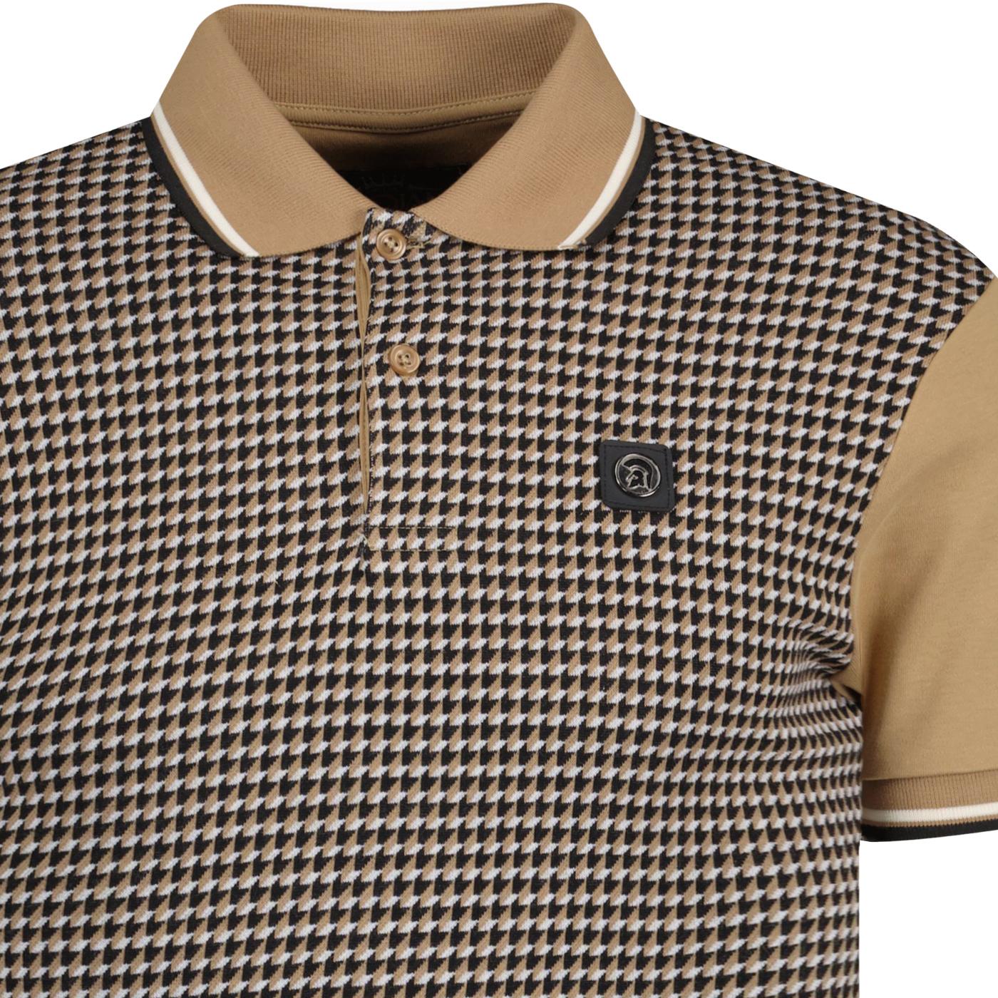 TROJAN Retro 60s Geometric Pattern Panel Polo Shirt in Camel