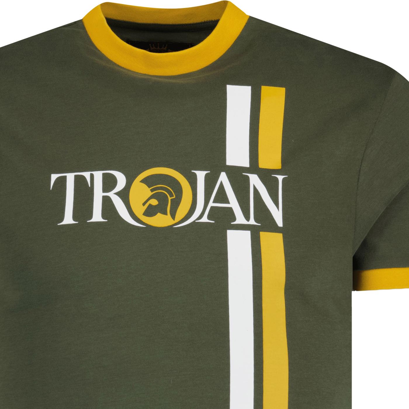 Trojan Records Retro Racing Stripe Logo Ringer Tee Army Green