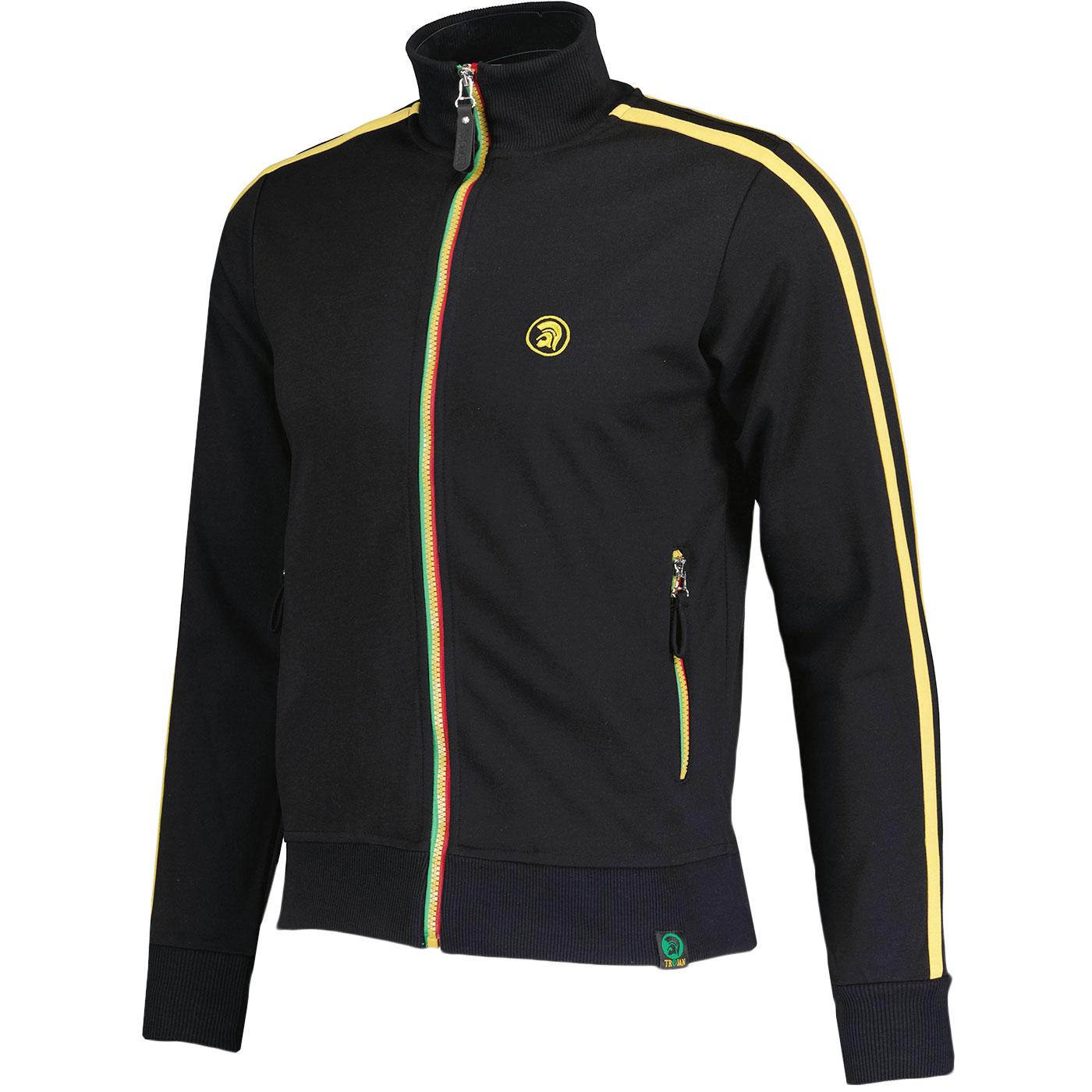 Trojan Records Retro Twin-Stripe Contrast Zip Track Top in Black