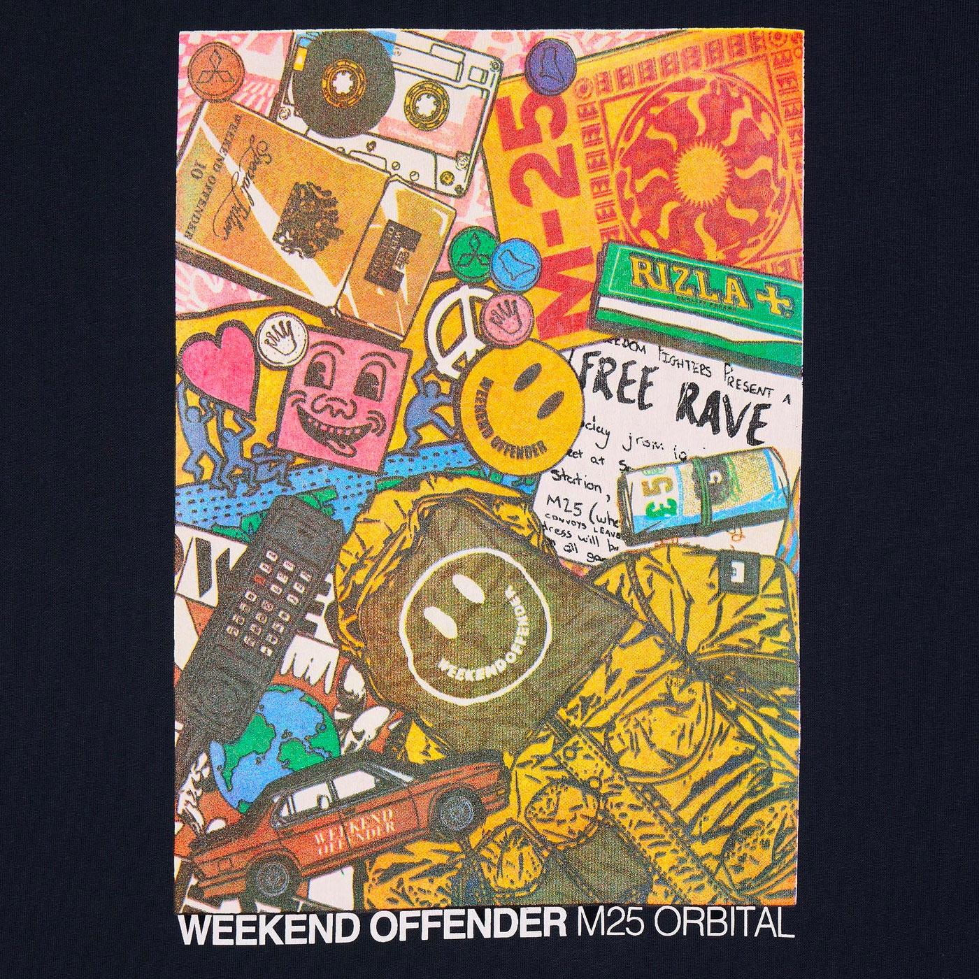 Weekend Offender Retro 1980s M25 Rave Crew T-shirt in Navy