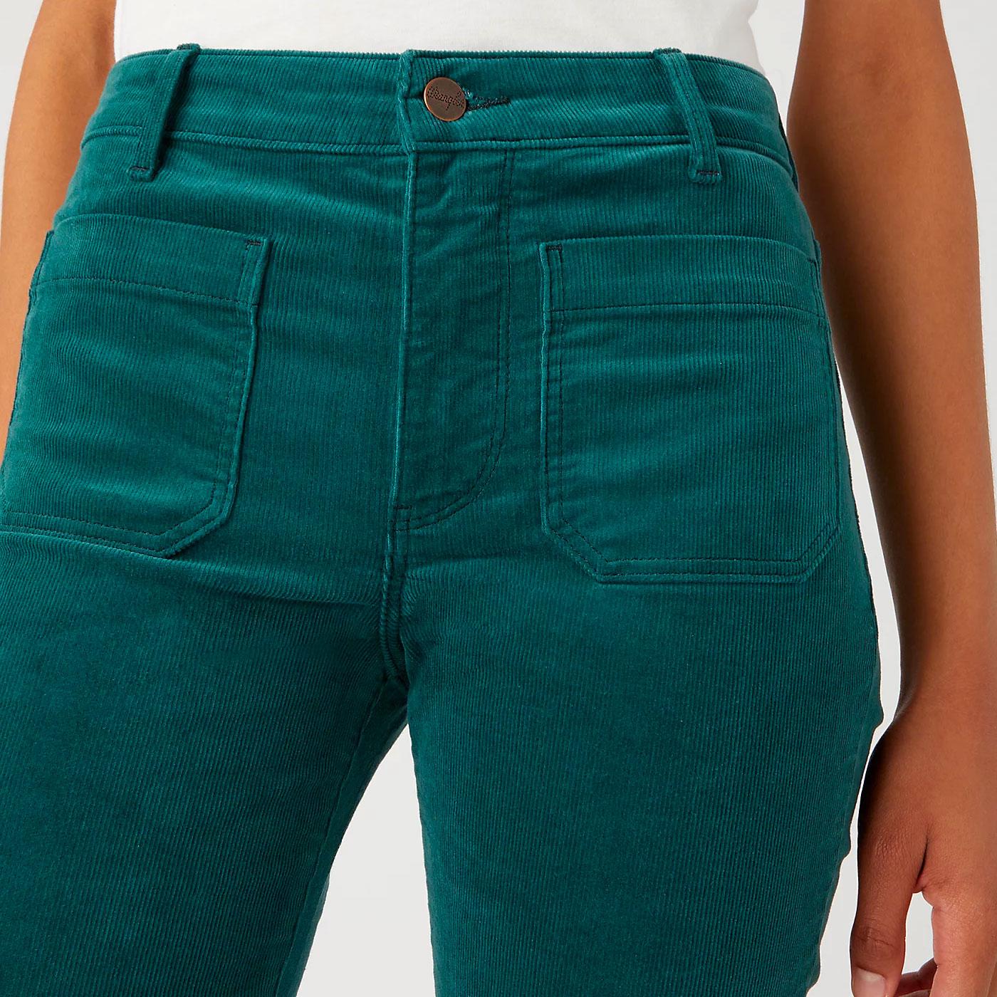 Wrangler Retro 70s Flare Cord Mid Stretch Jeans in Dark Matcha