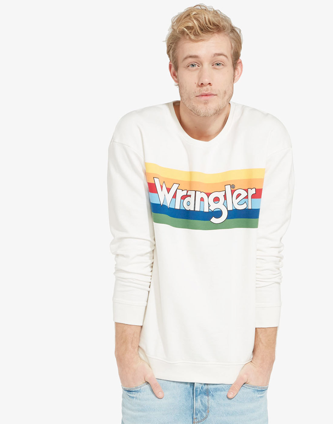 WRANGLER Men's Retro 70s Rainbow Logo Sweater in White