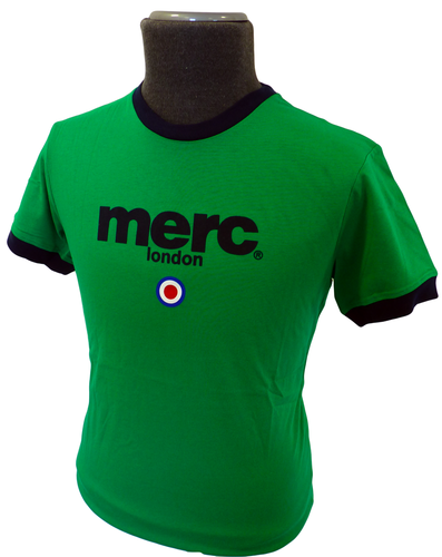 MERC 'BEACH' MENS RETRO LOGO & MOD TARGET INDIE RINGER TEE (Green).